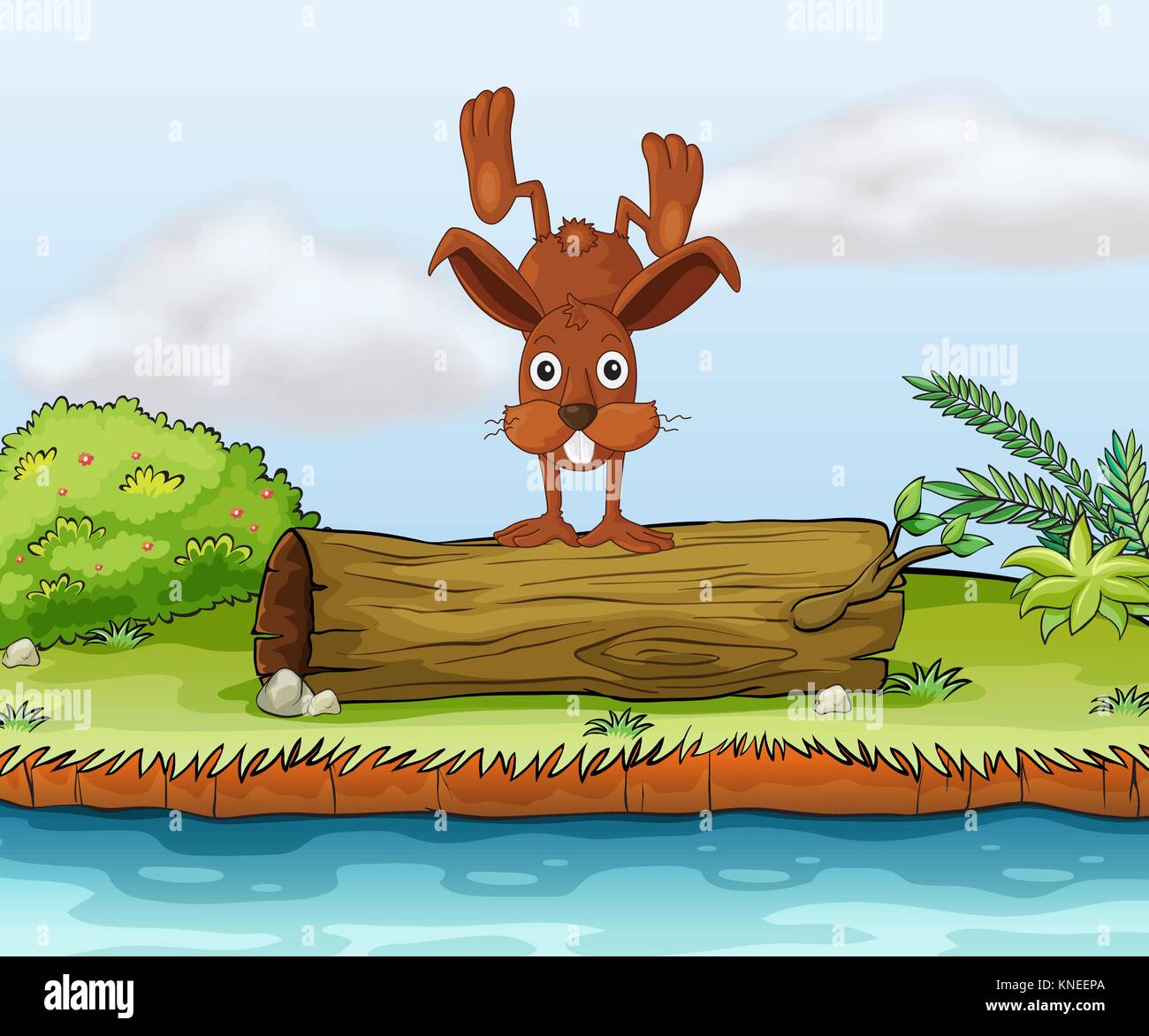 Illustration of a rabbit playing on a piece of log Stock Vector Image ...