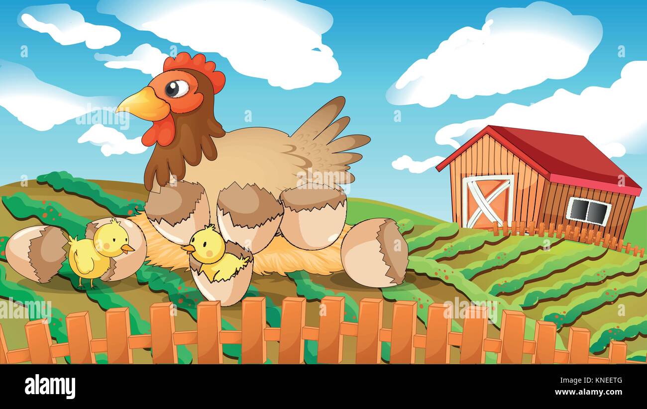 Illustration of a hen and chicks in a beautiful nature Stock Vector ...