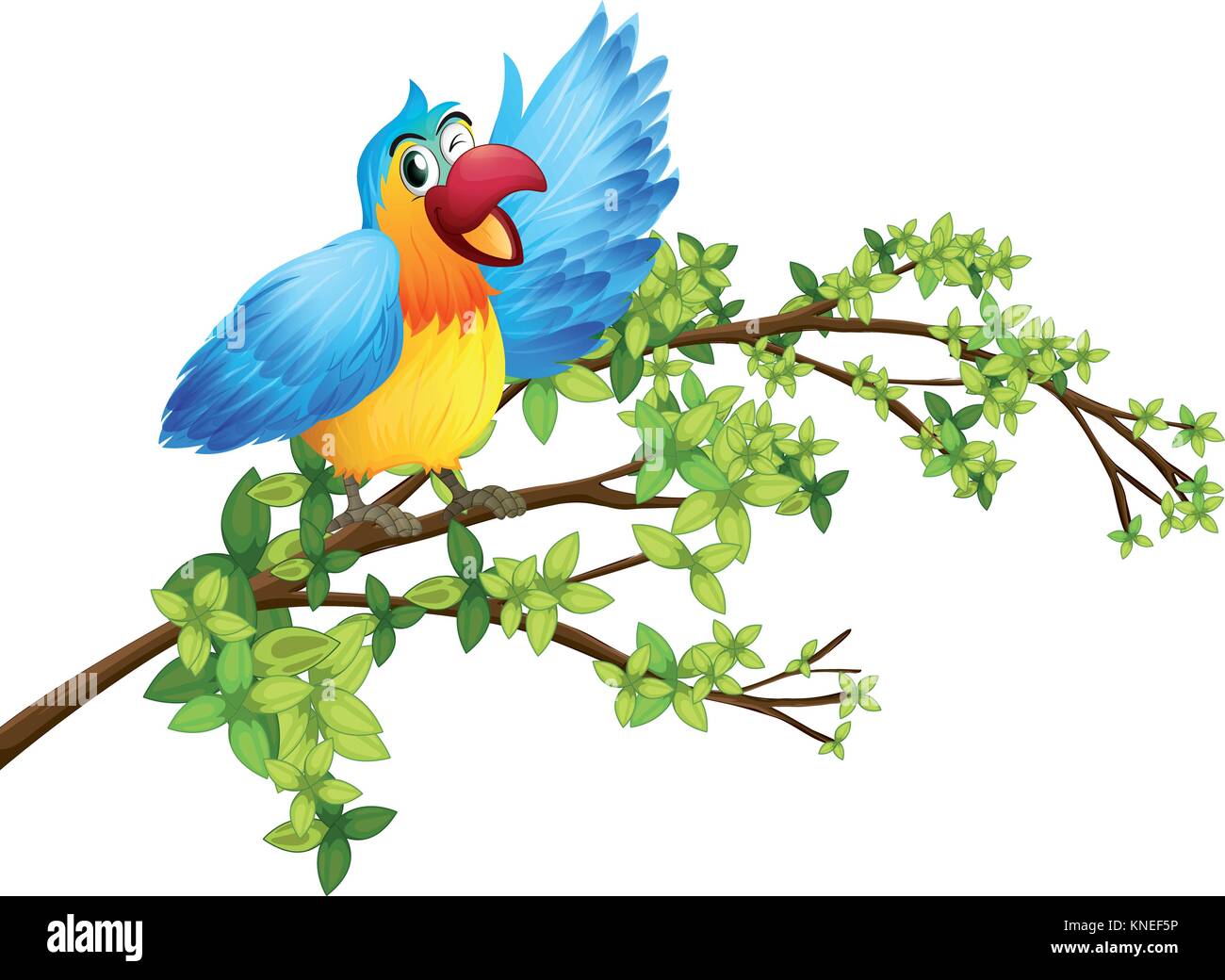 Illustration of a parrot on a branch of a tree on a white background ...