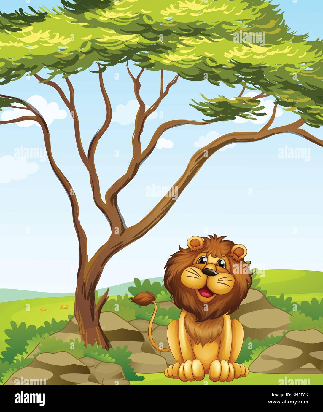 Illustration of a lion sitting under a big tree Stock Vector Image ...