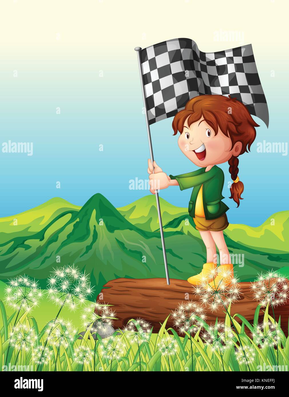 Illustration of a girl holding flag standing on a dry wood Stock Vector ...