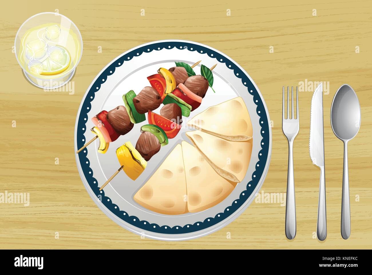 Illustration of a meat spit and a bread in a dish on a wooden ...