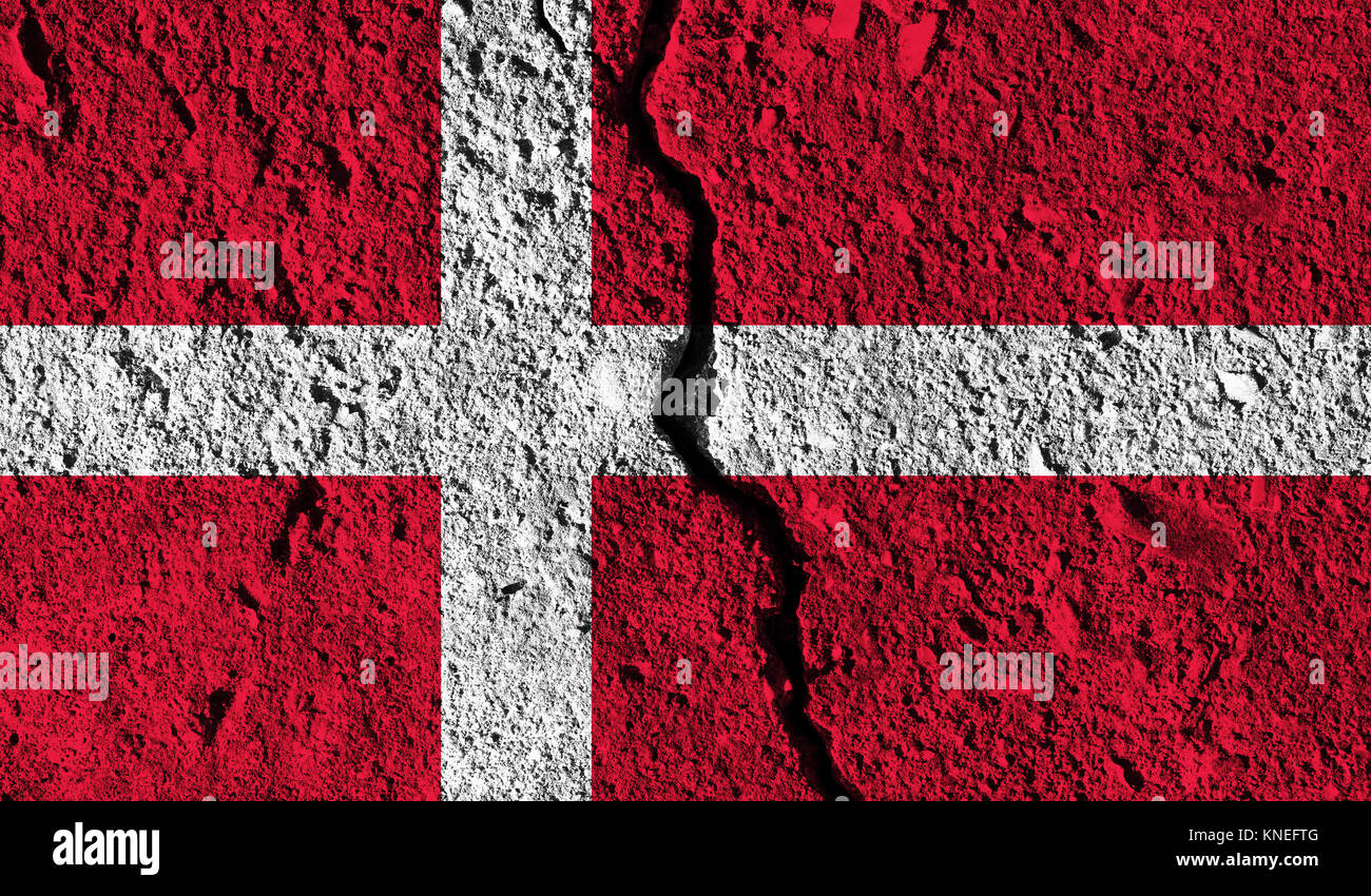 Denmark flag with crack through the middle. Country divided concept ...