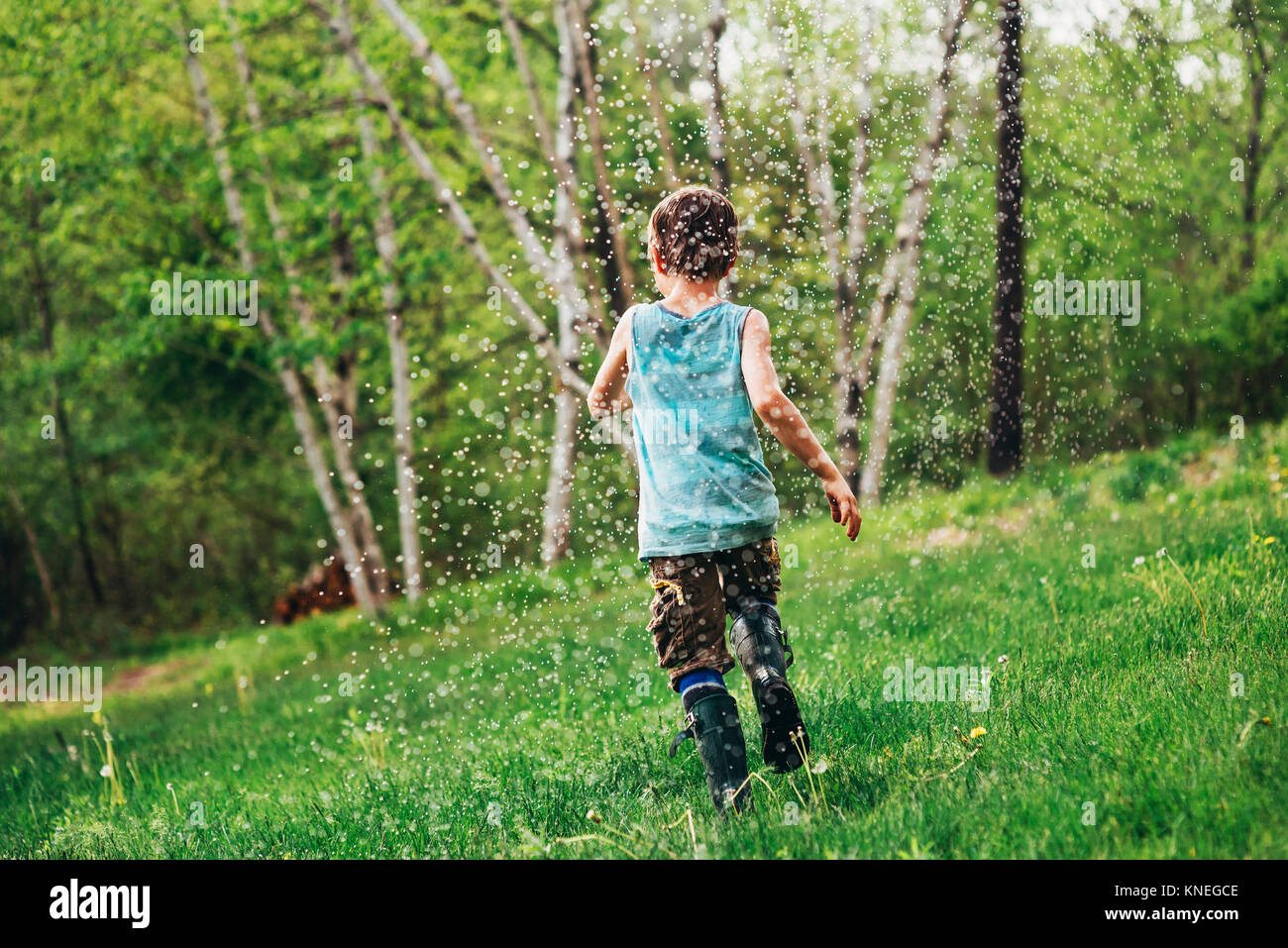 Boy running through a sprinkler in the garden Stock Photo - Alamy