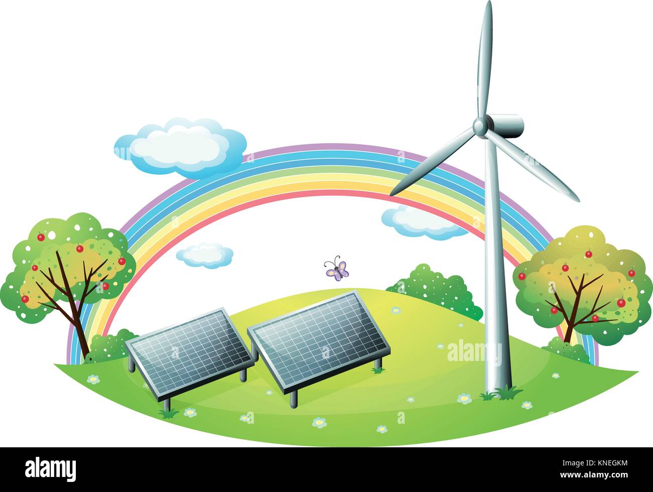 Illustration of a windmill and solar energy panels on a white ...