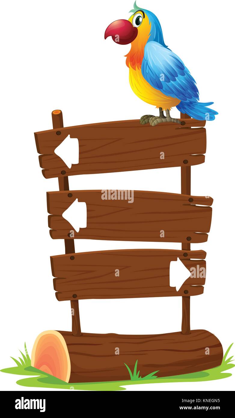 Illustration of a bird standing on a wooden signboard on a white ...