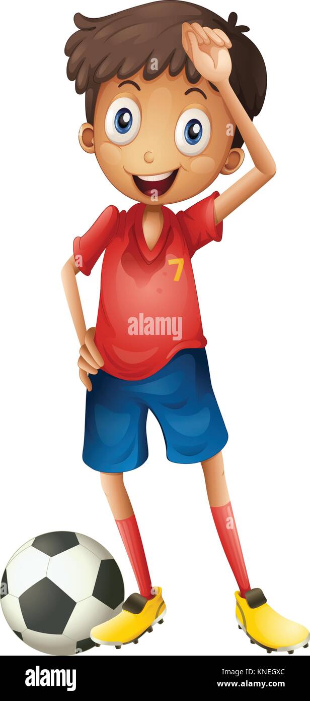 Illustration of a smiling boy and a football on a white background ...