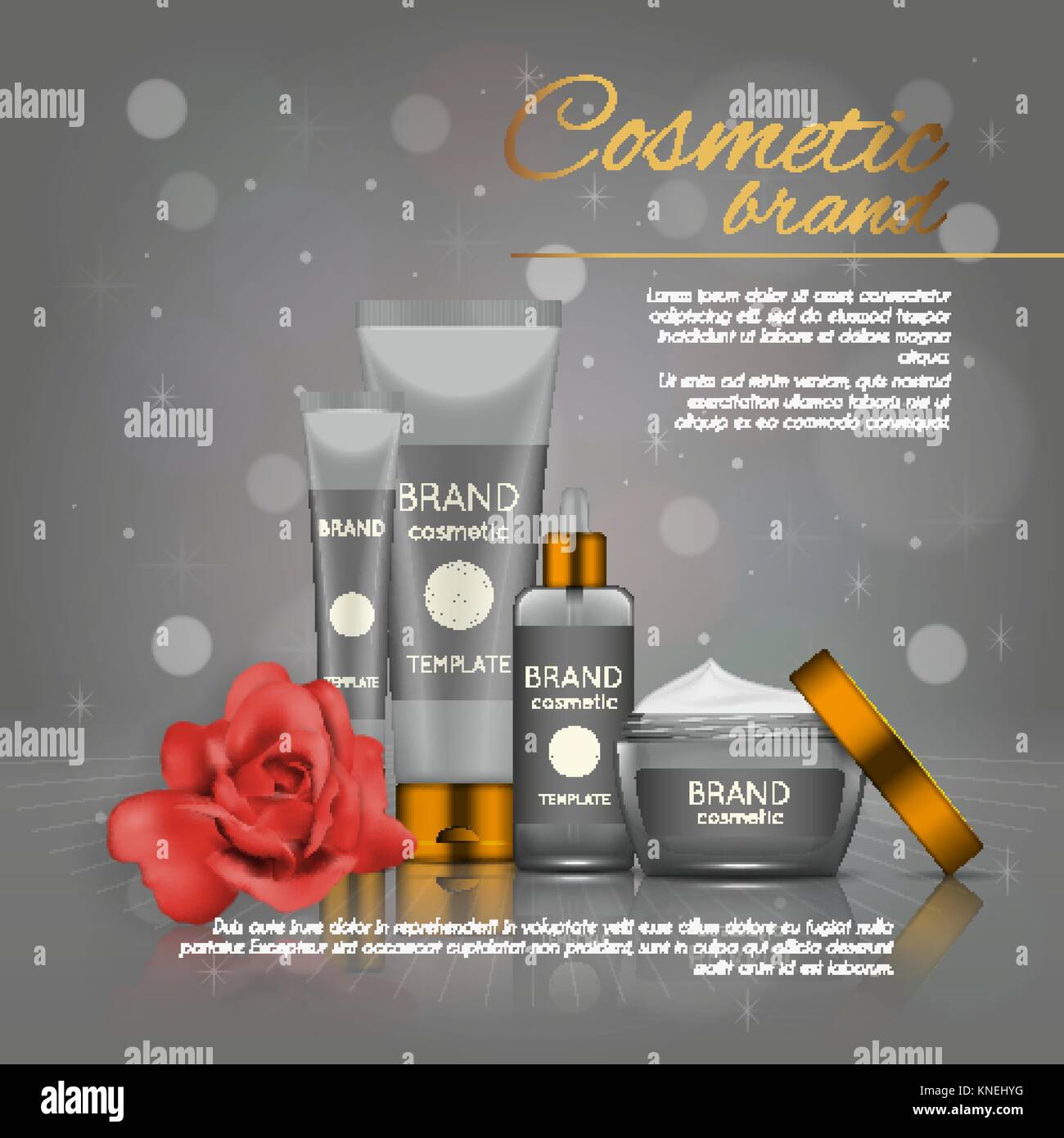 Vector 3D cosmetic illustration with rose and bokeh background. Beauty ...