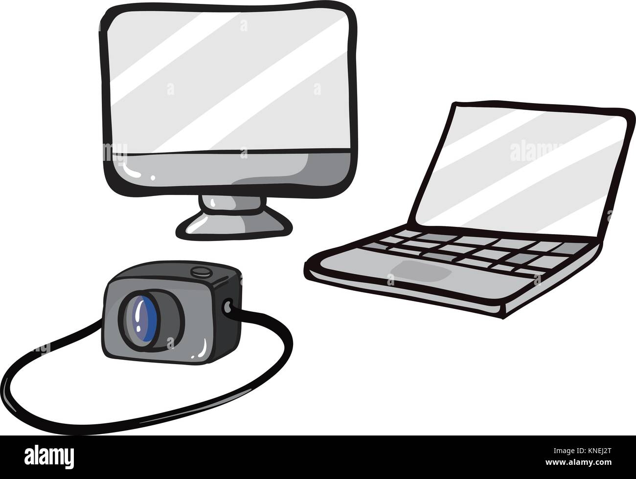 Illustration of a computer, a laptop and a camera on a white background ...
