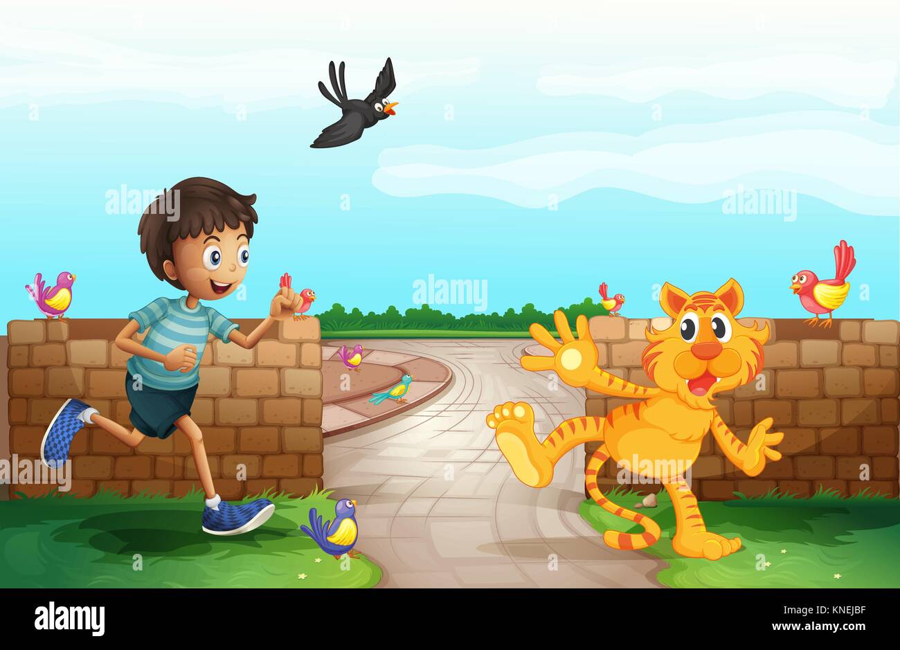 Illustration of a smiling boy and a tiger in a beautiful nature Stock ...