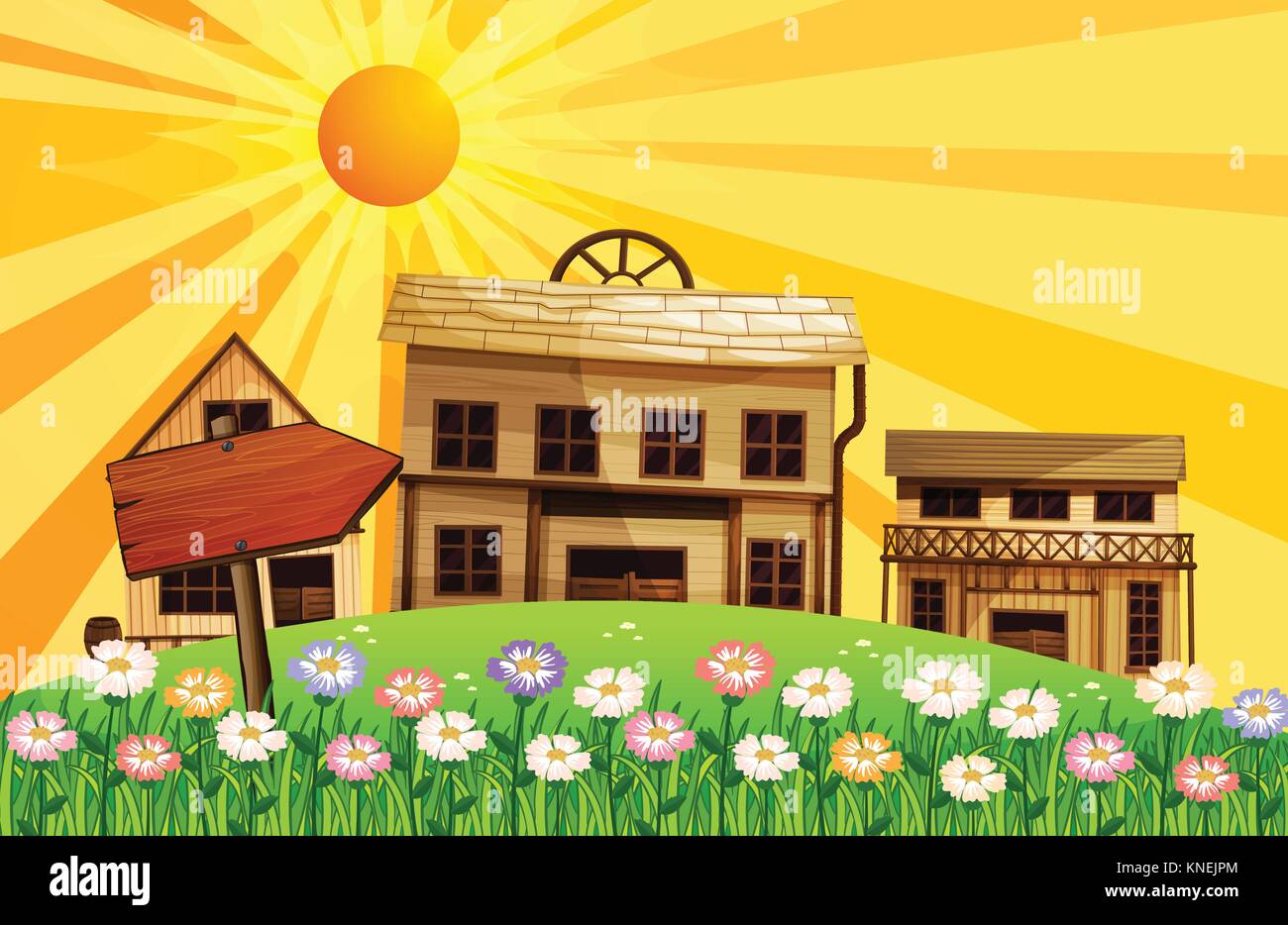 Illustration of the rays of the sun and the houses in the neighborhood ...