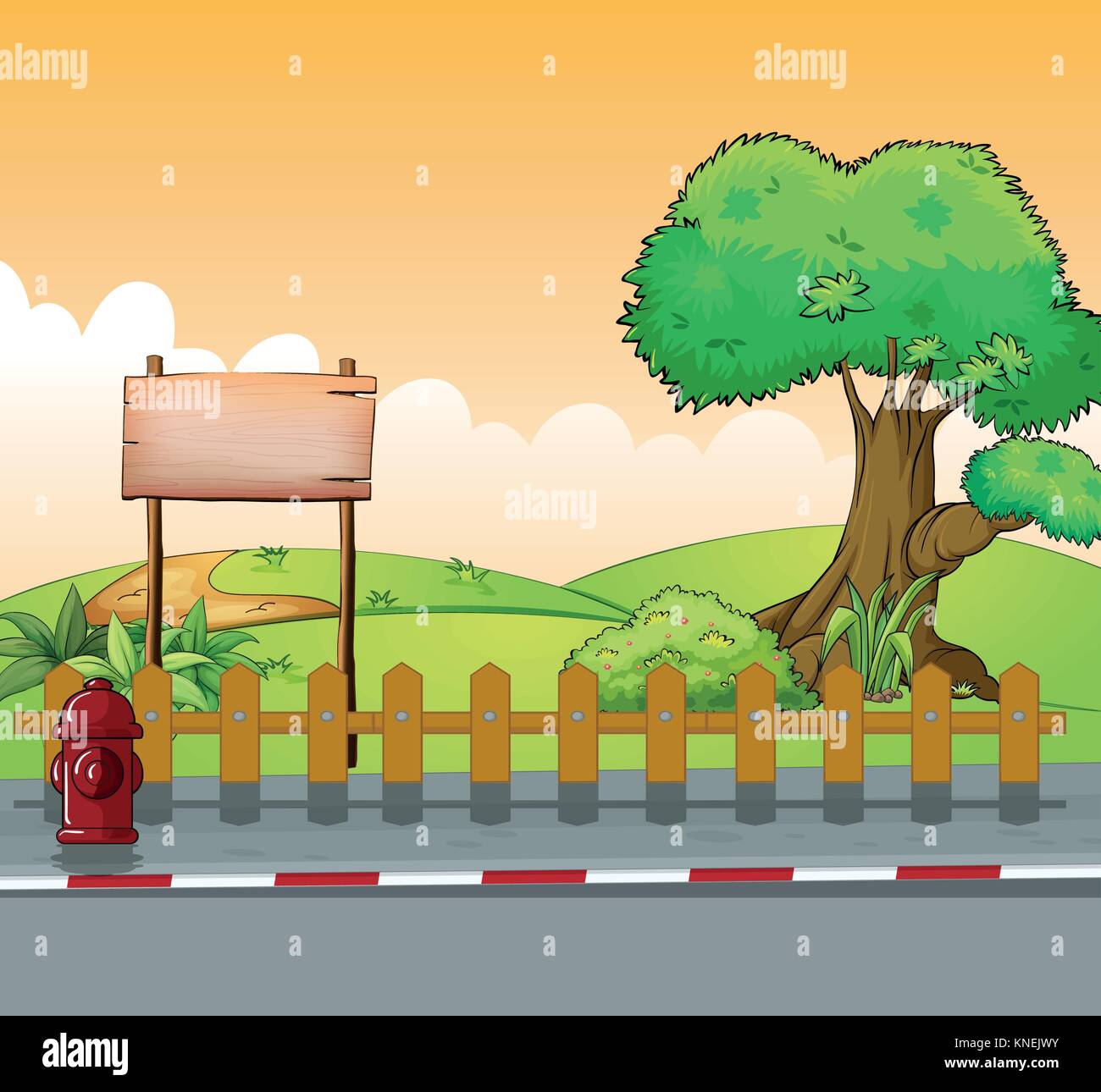 Illustration of a wooden signboard and a big tree Stock Vector Image ...