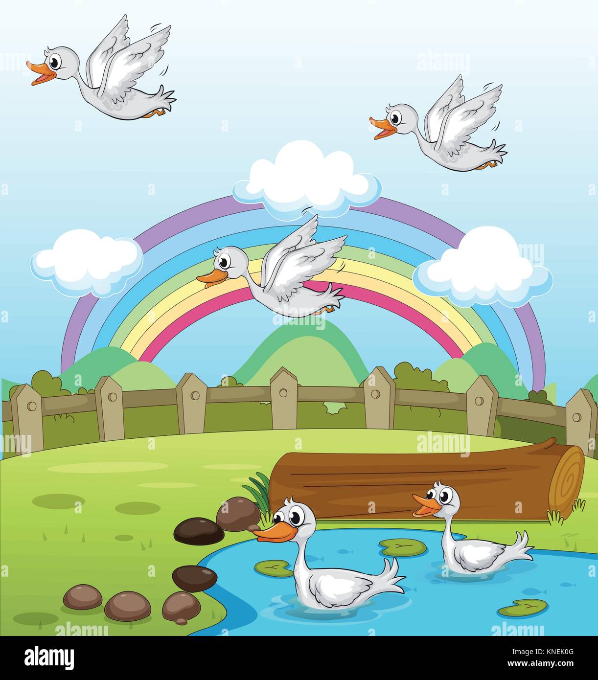 Illustration of ducks and a rainbow and a beautiful landscape Stock ...