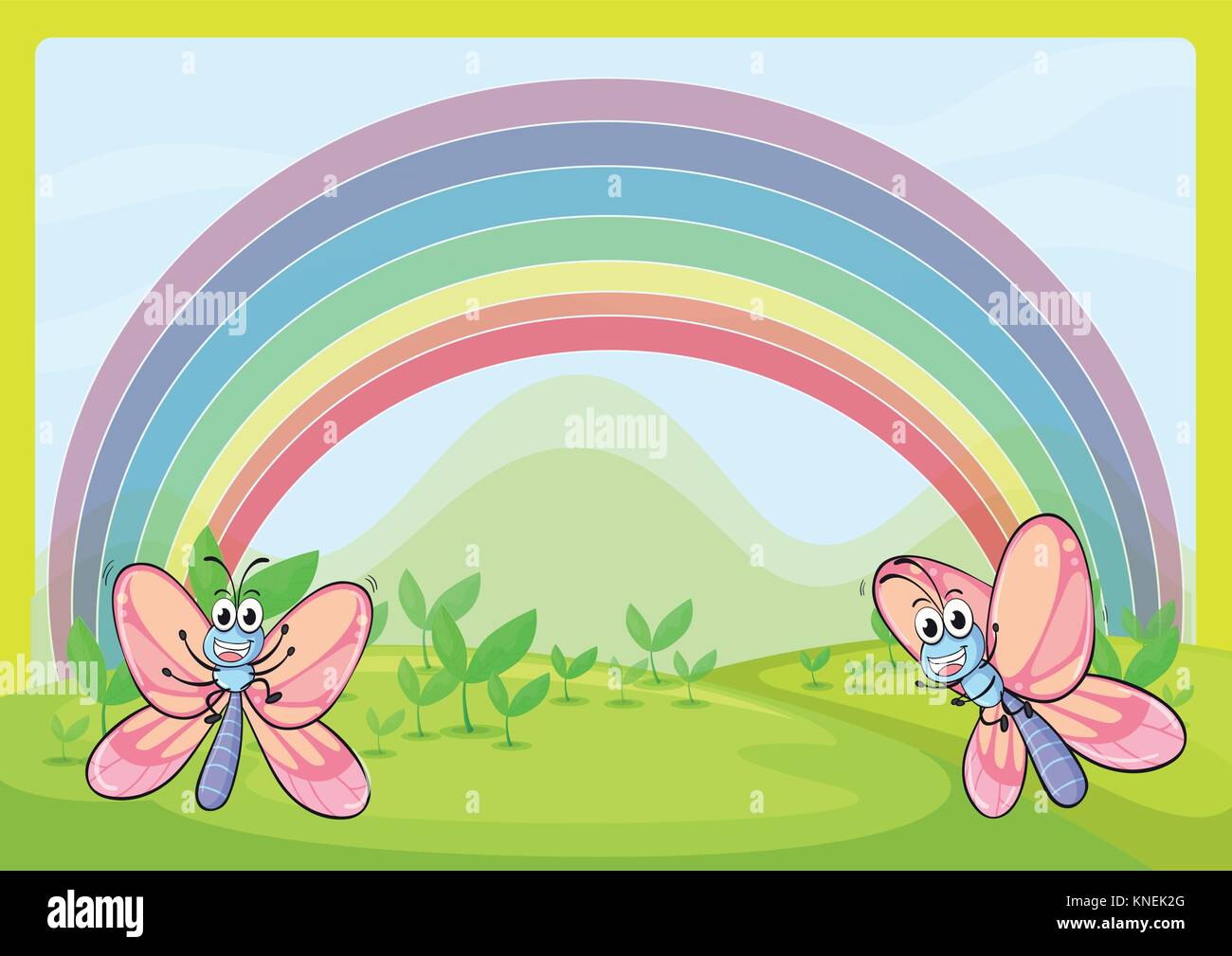 Illustration of flies and rainbow in green nature Stock Vector Image ...