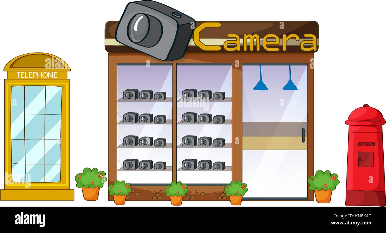 Illustration of a camera store, mailbox and telephone on a white ...