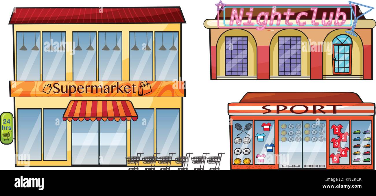 Illustration of a supermarket, night club and sport shop on a white ...