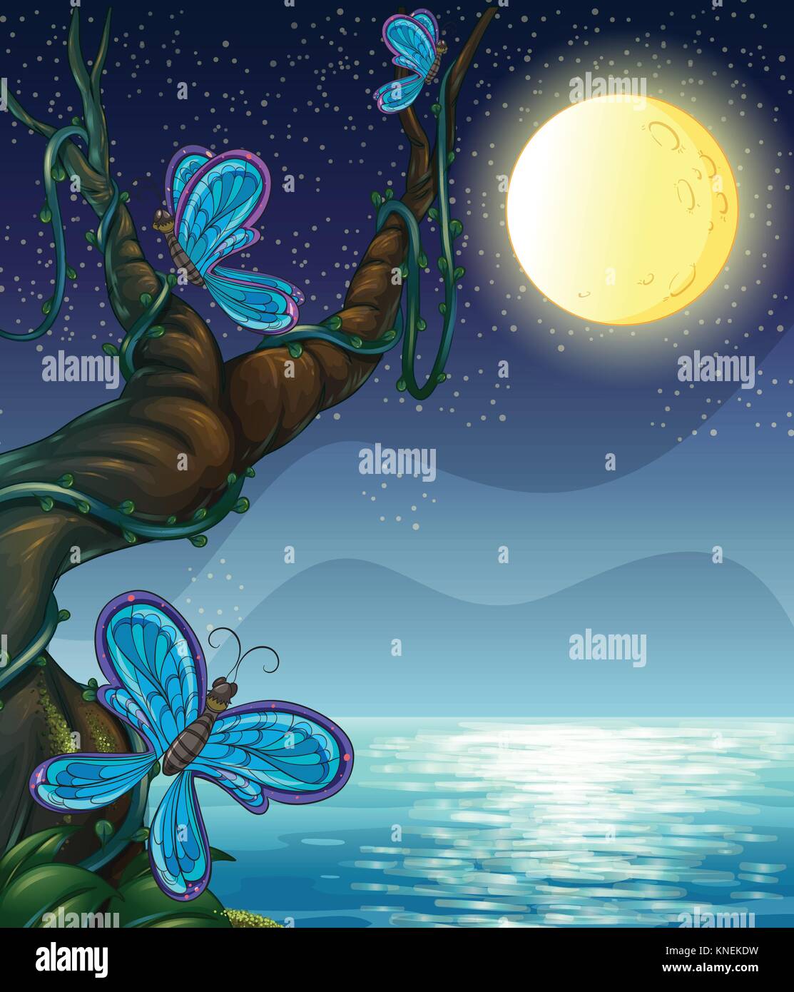 Illustration of butterflies roaming around a big tree Stock Vector ...