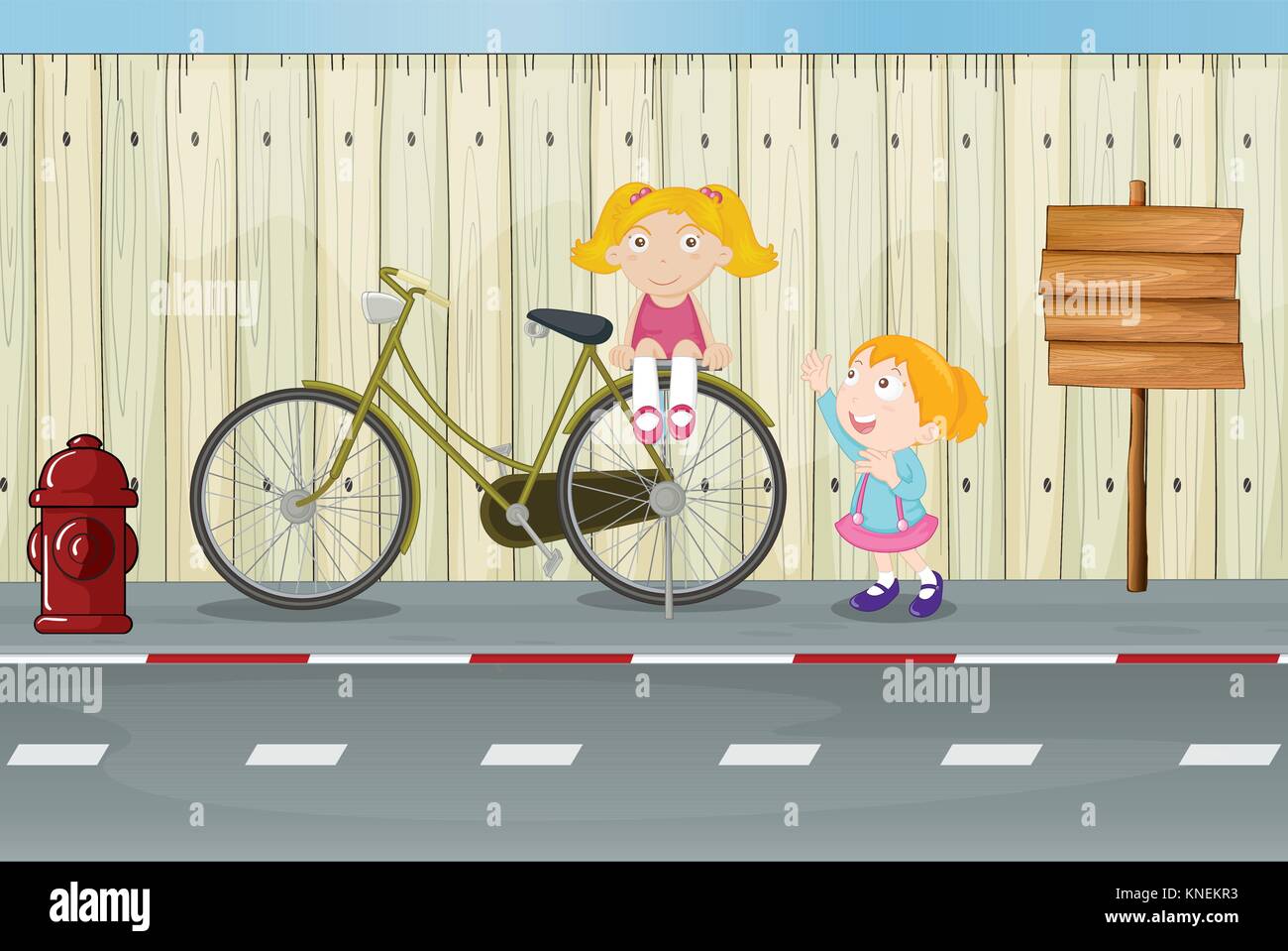 Illustration of kids, a bicycle, a fire hydrant and a notice board on a ...