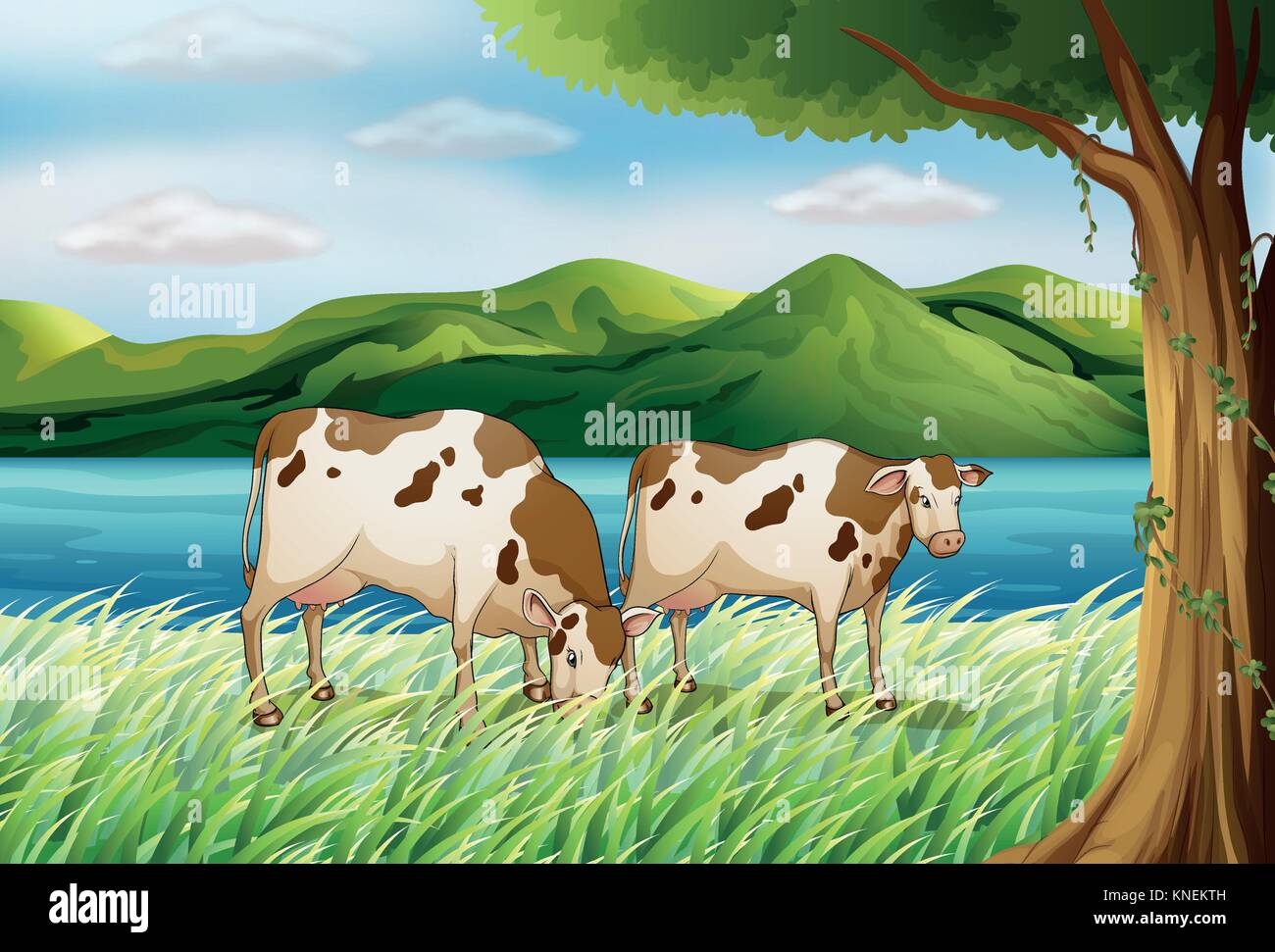 Illustration of a cow and a beautiful landscape Stock Vector Image ...
