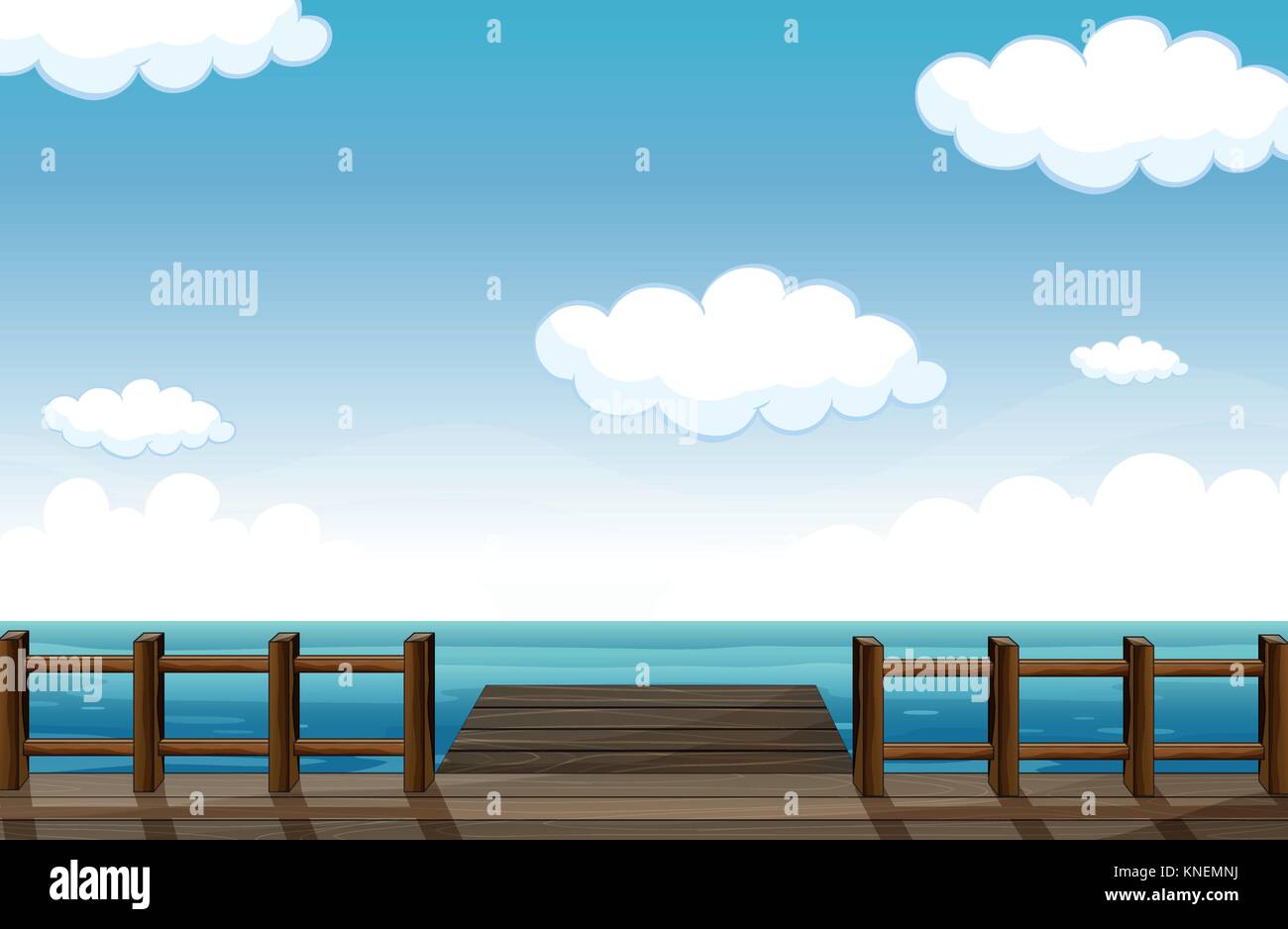 Illustration of a wooden bench and water in a beautiful nature Stock ...