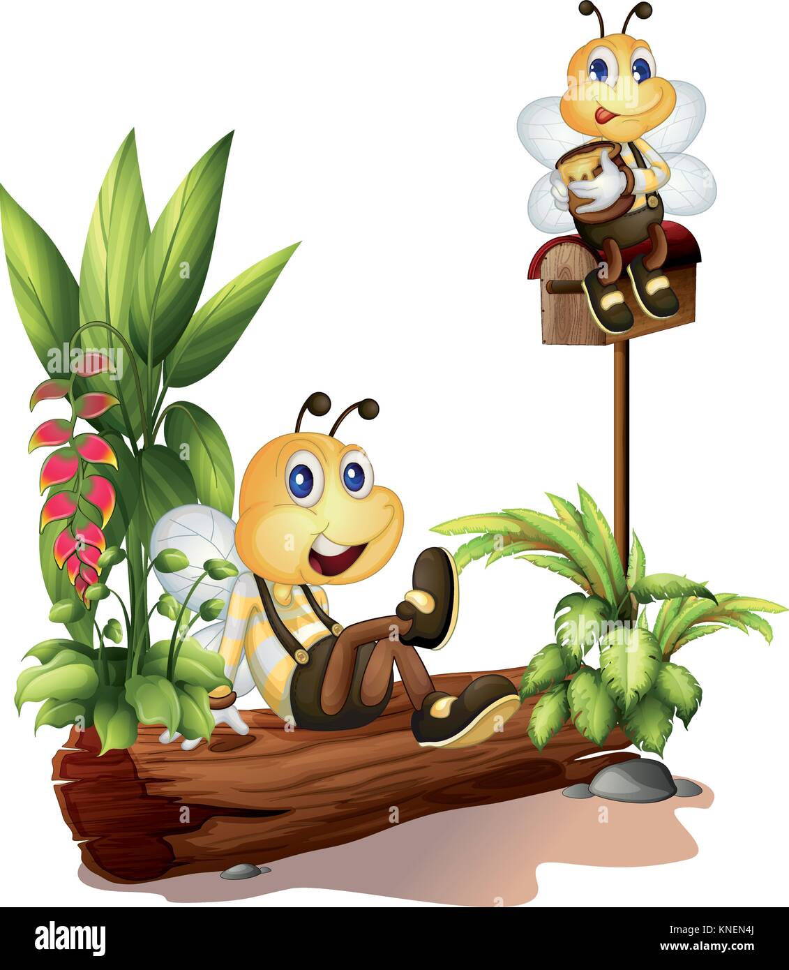 Illustration of bees sitting on a trunk and on the mailbox on a white ...