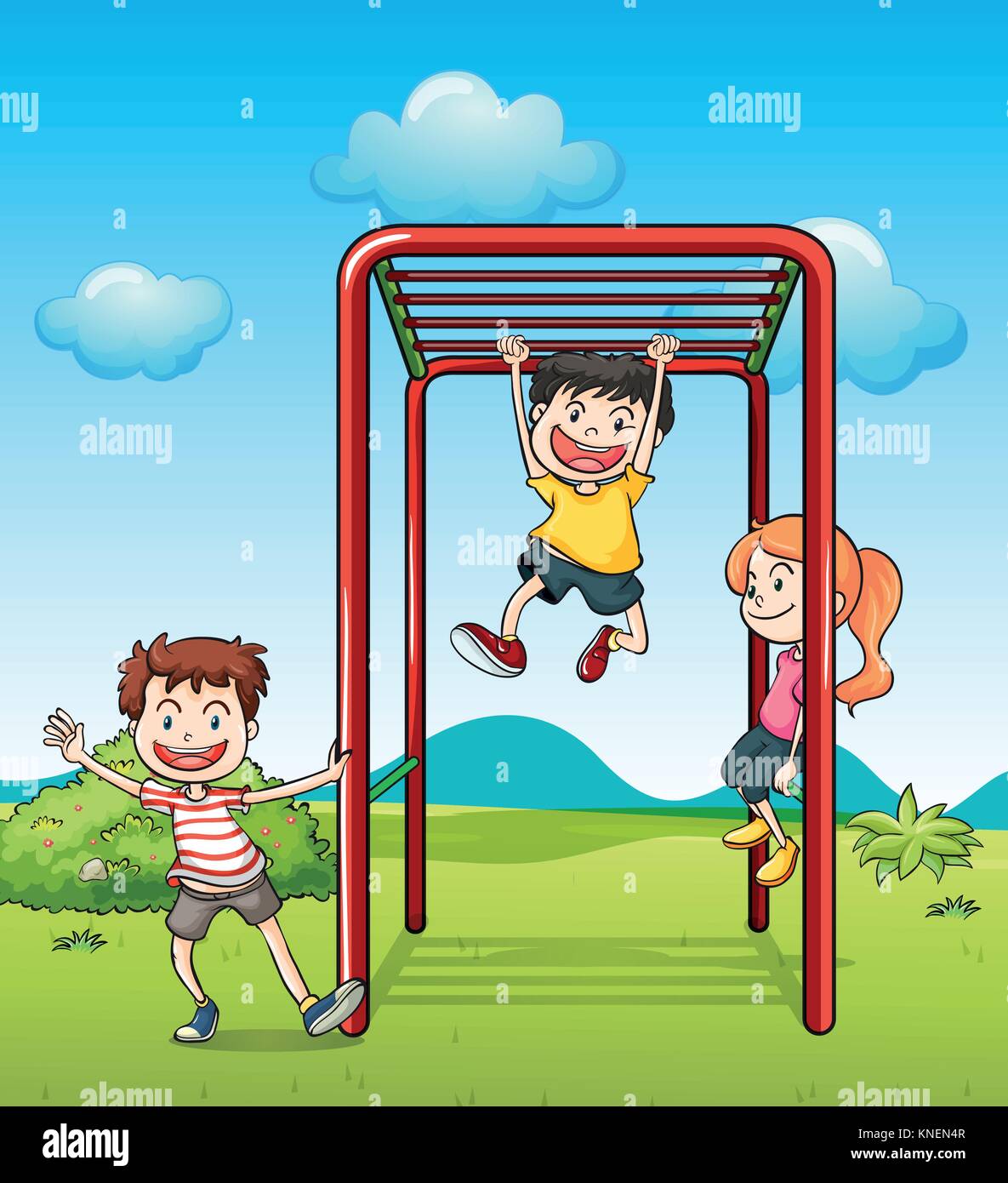 Illustration of kids playing monkeybar in a beautiful nature Stock ...