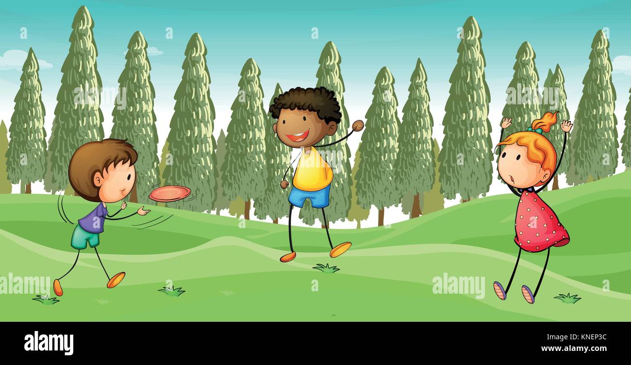 Illustration of kids playing flying dish in a beautiful nature Stock ...