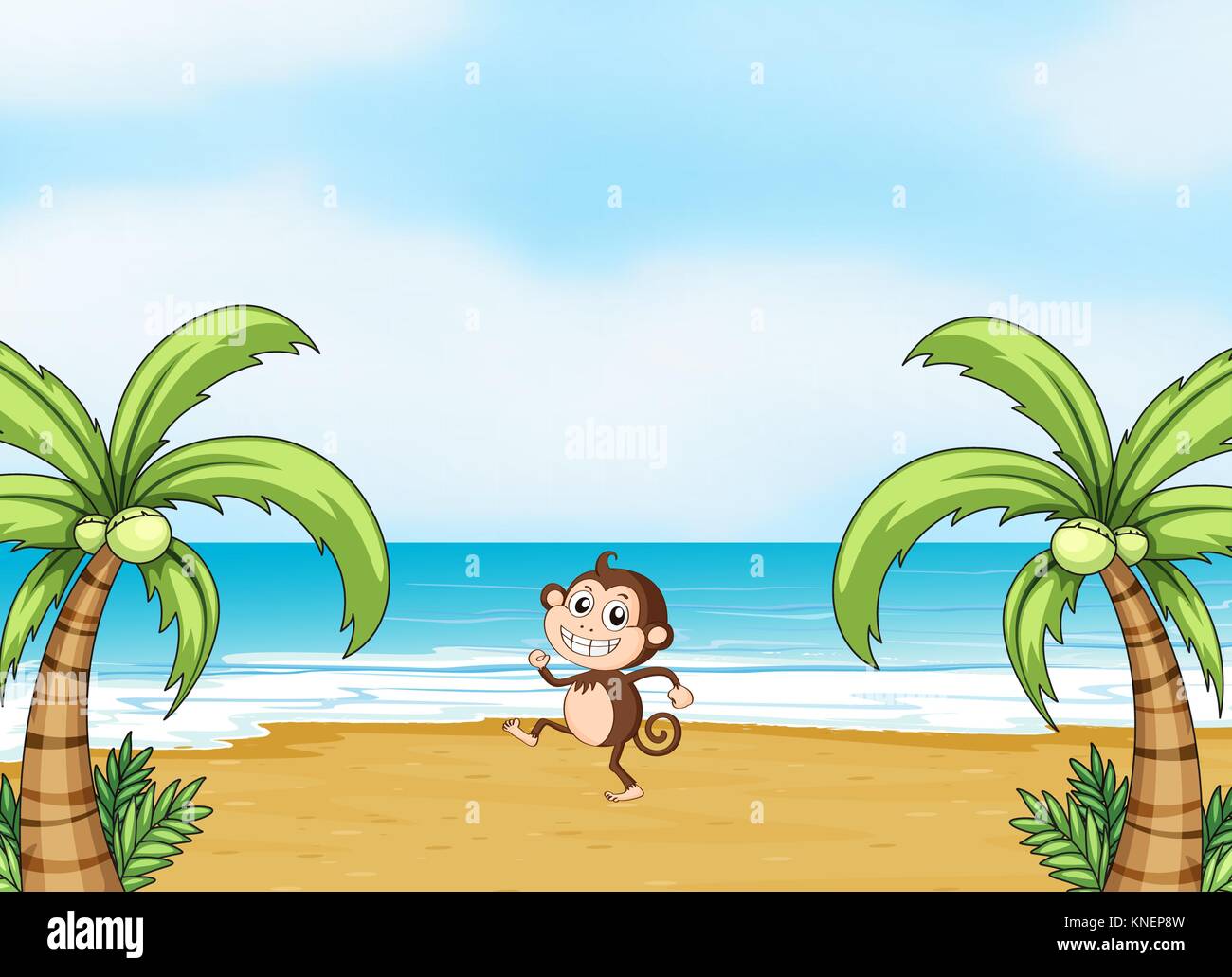 Illustration of a monkey dancing on a beach in a beautiful nature Stock ...
