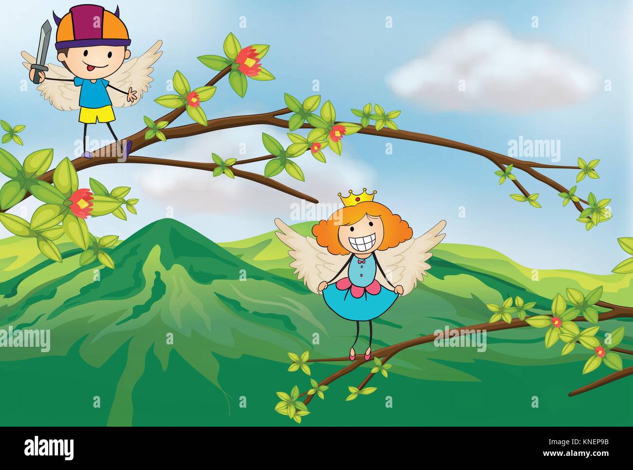 Illustration of angels at the branches of a tree Stock Vector Image ...
