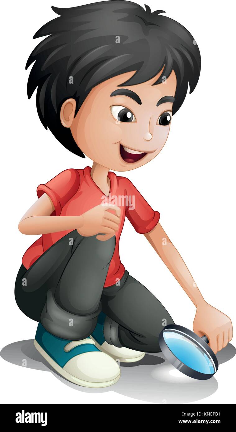 Illustration of a boy and a magnifier on a white background Stock ...