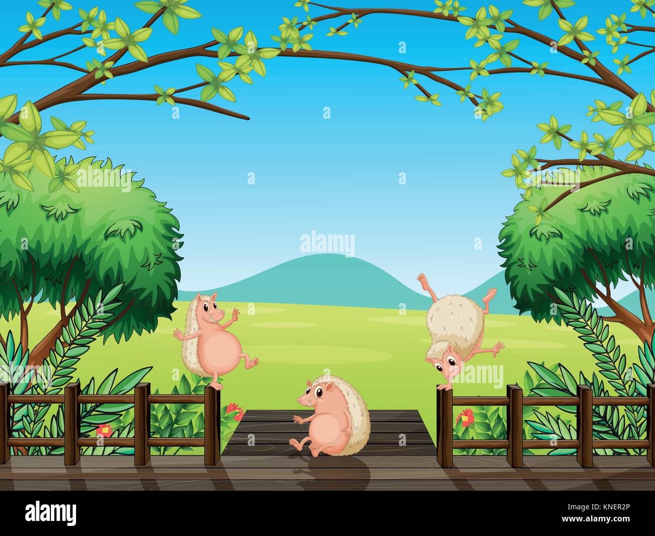 Illustration of wild animals playing at the bridge Stock Vector Image ...