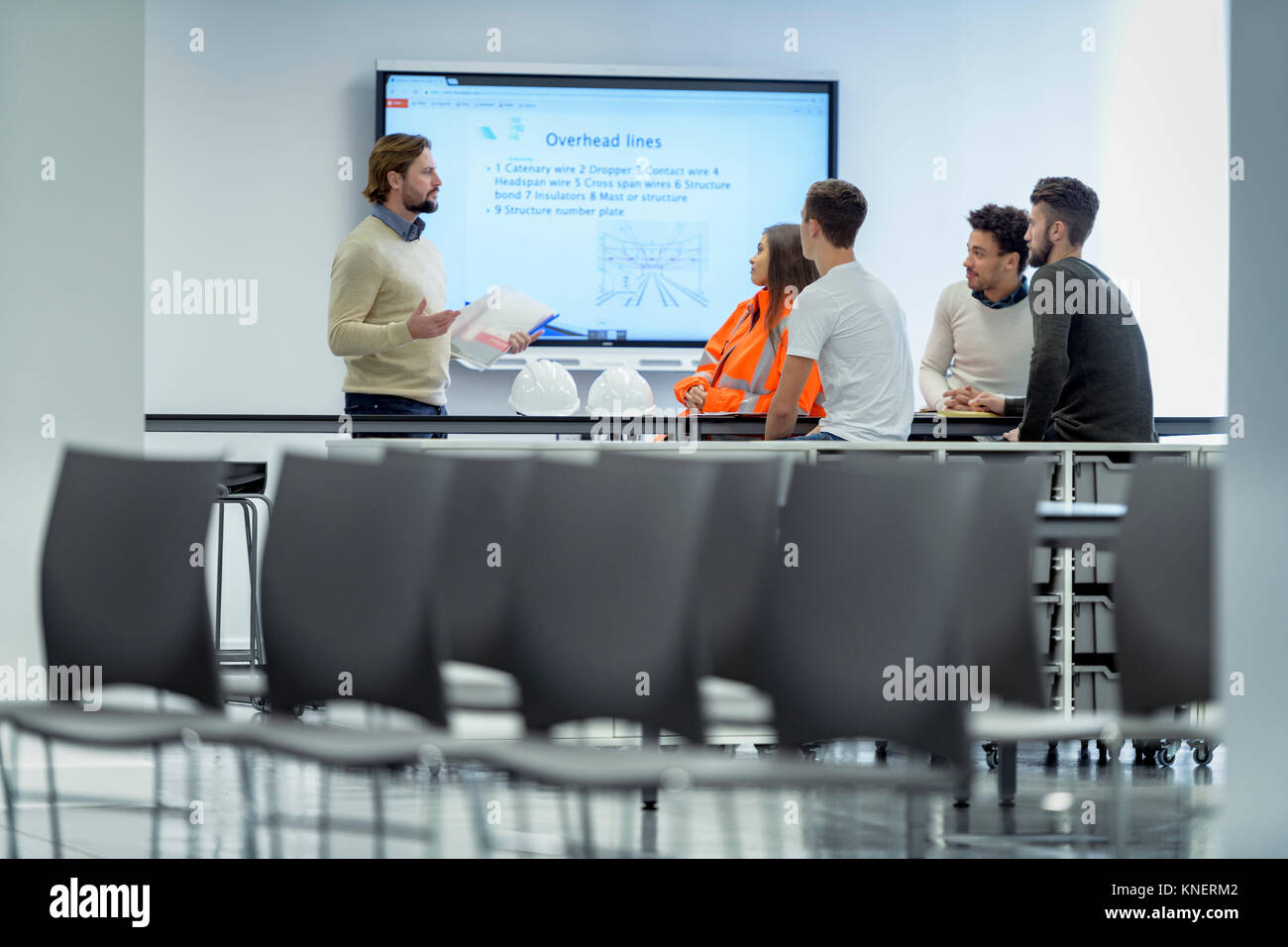 Instructor teaching apprentices in railway engineering facility Stock ...