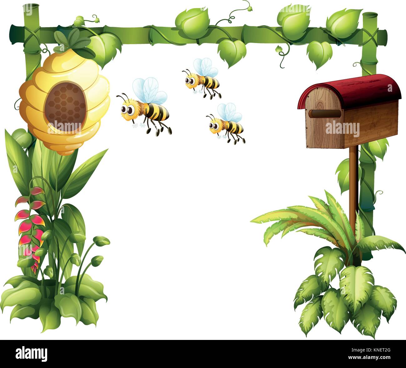 Illustration of bees in the garden with a mailbox on a white background ...