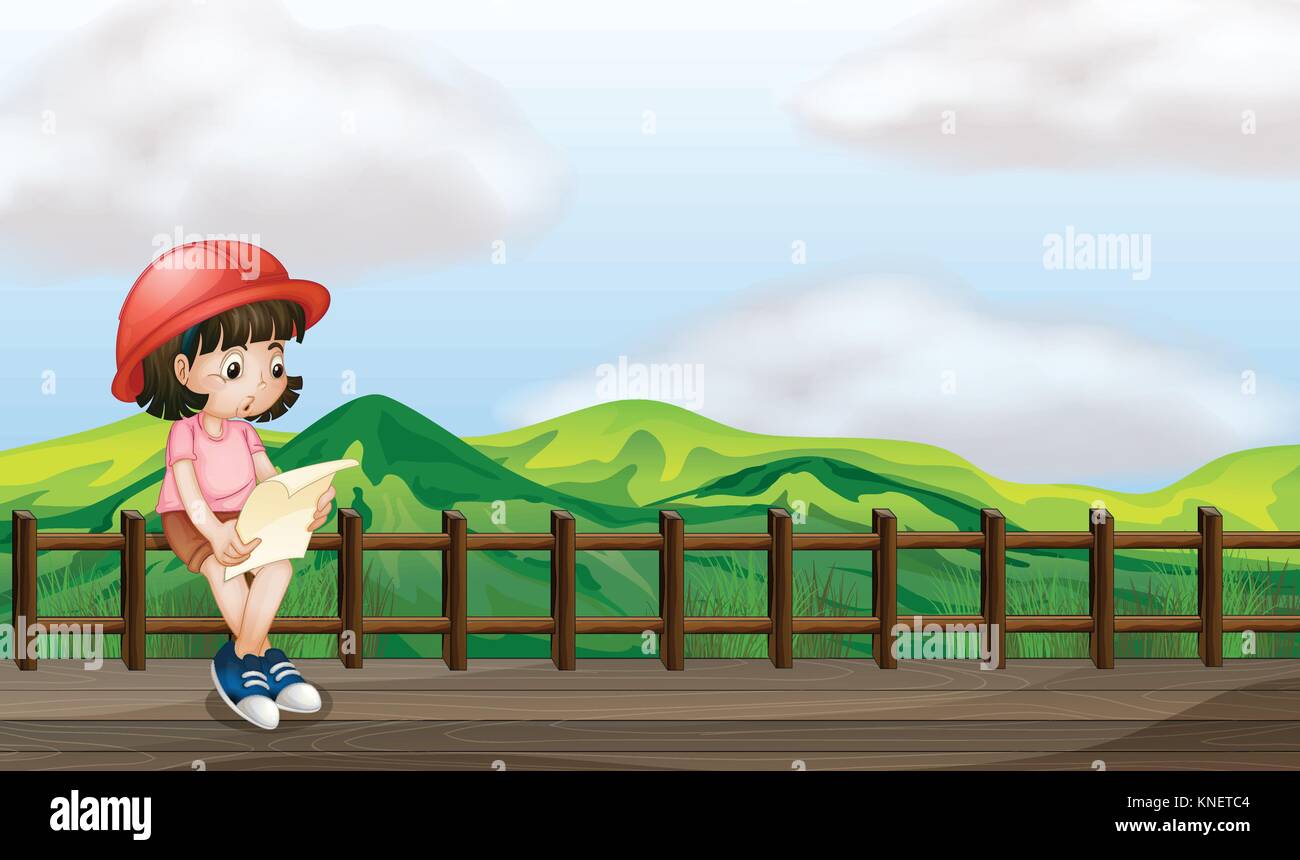 Illustration of a little girl at the wooden bridge Stock Vector Image ...