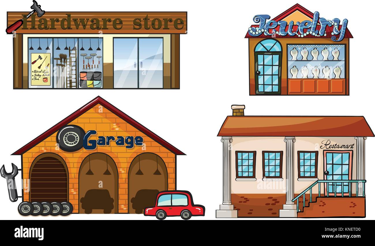 Illustration of different big stores on a white background Stock Vector ...