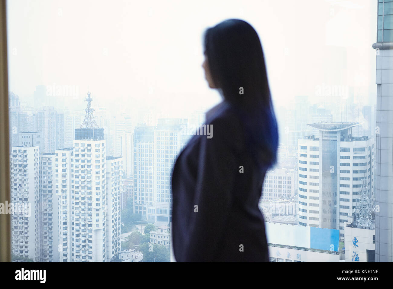 Rear view of businesswoman looking through window at cityscape Stock ...
