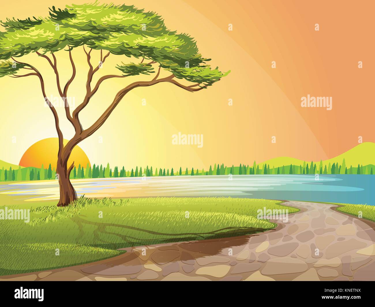 Illustration of a river and a tree in a beautiful nature Stock Vector ...