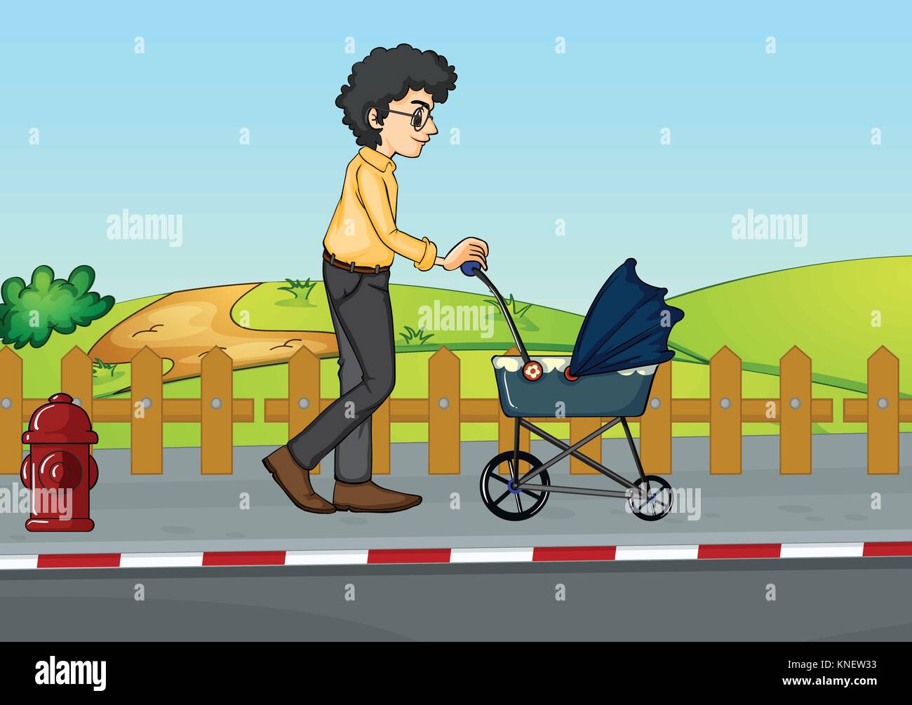 Illustration of a man and baby pram in a beautiful nature Stock Vector ...