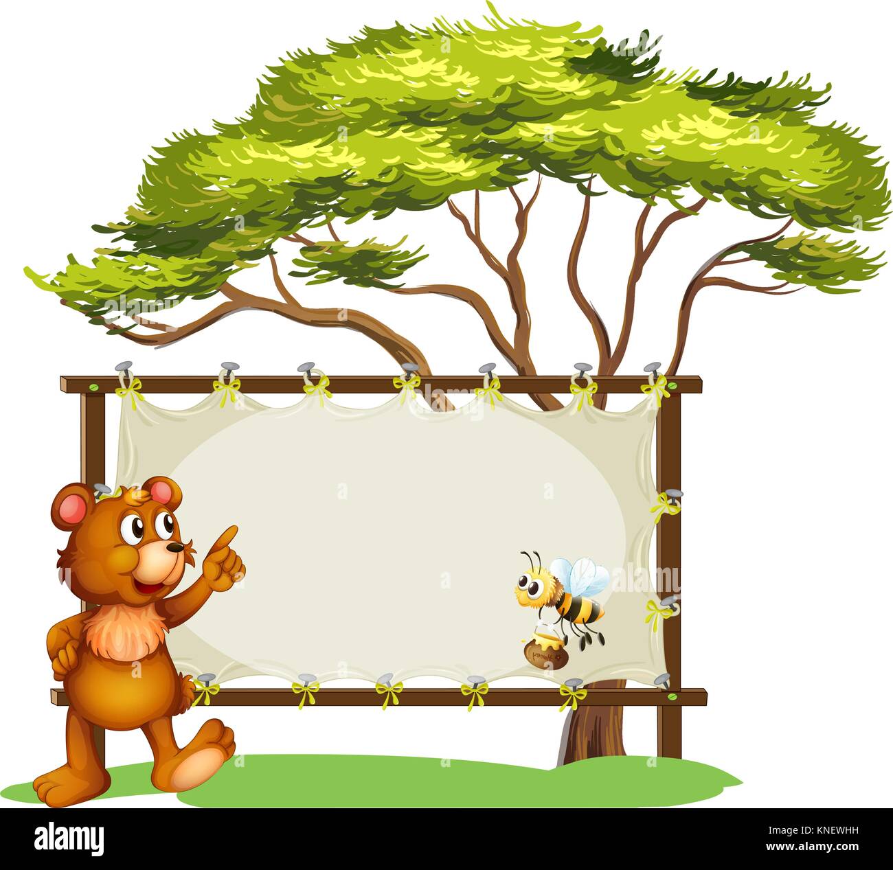 Illustration of a notice board, a bear and a honey bee on a white ...