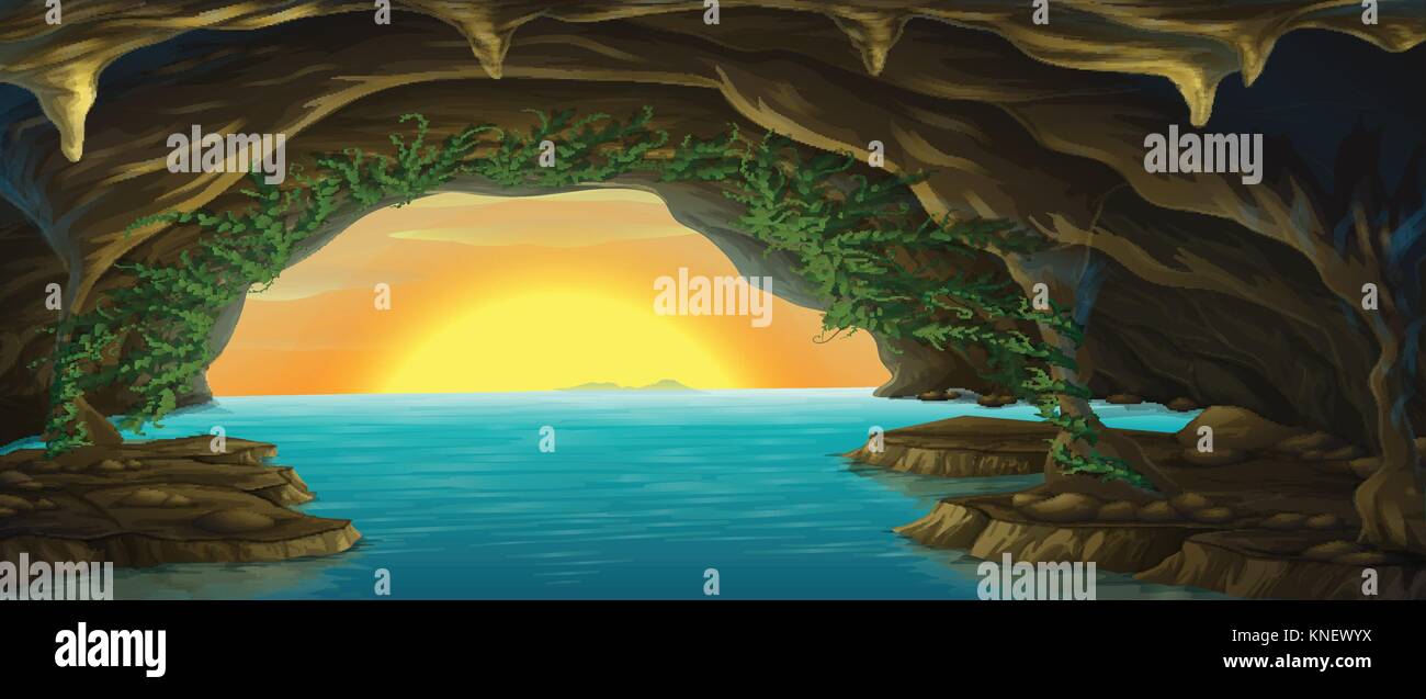 Illustration of a cave and a water in a beautiful nature Stock Vector ...