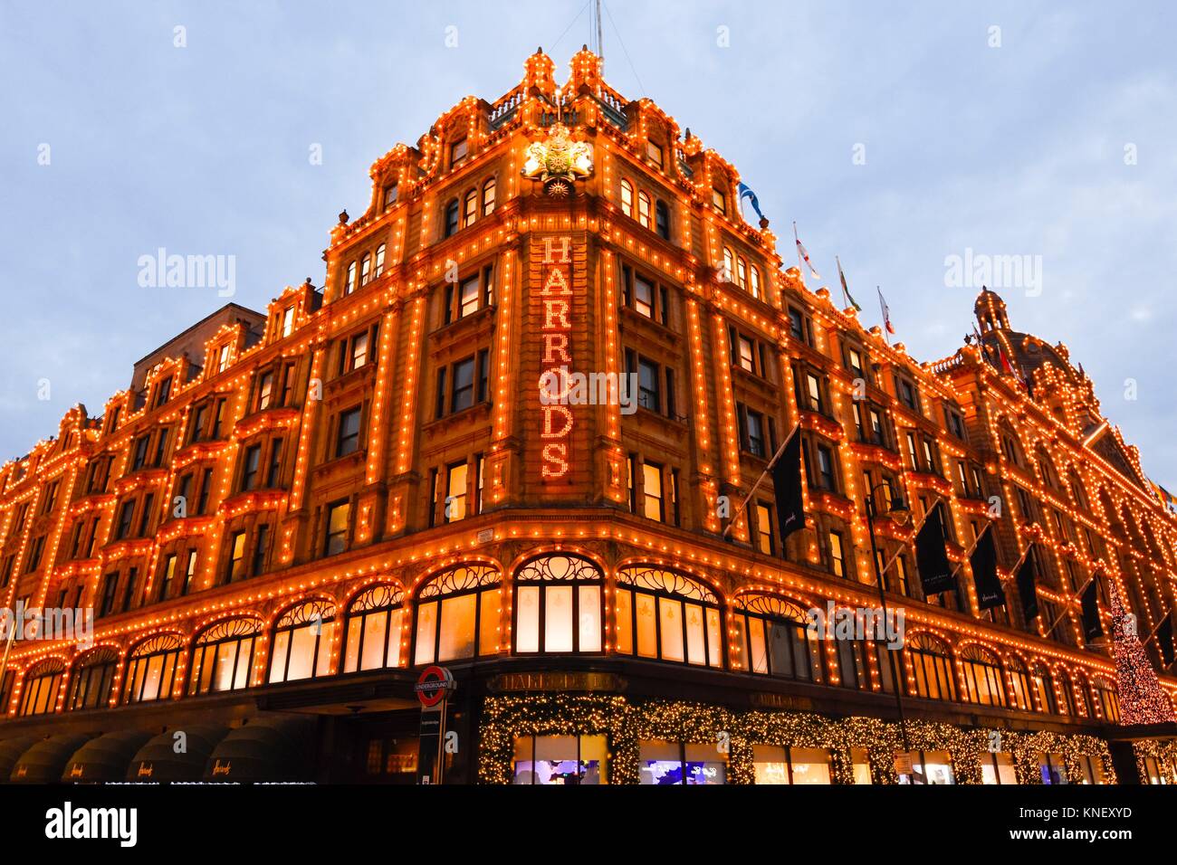 Harrods at Knightsbridge London in Christmas light decoration December ...