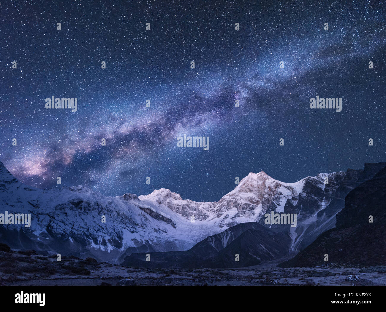 Milky Way and mountains. Amazing scene with himalayan mountains and ...
