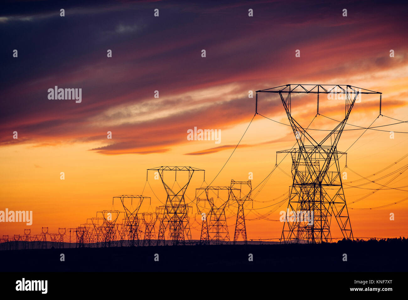 Electricity pylons at sunset, Enterprise, Oregon, United States, North ...