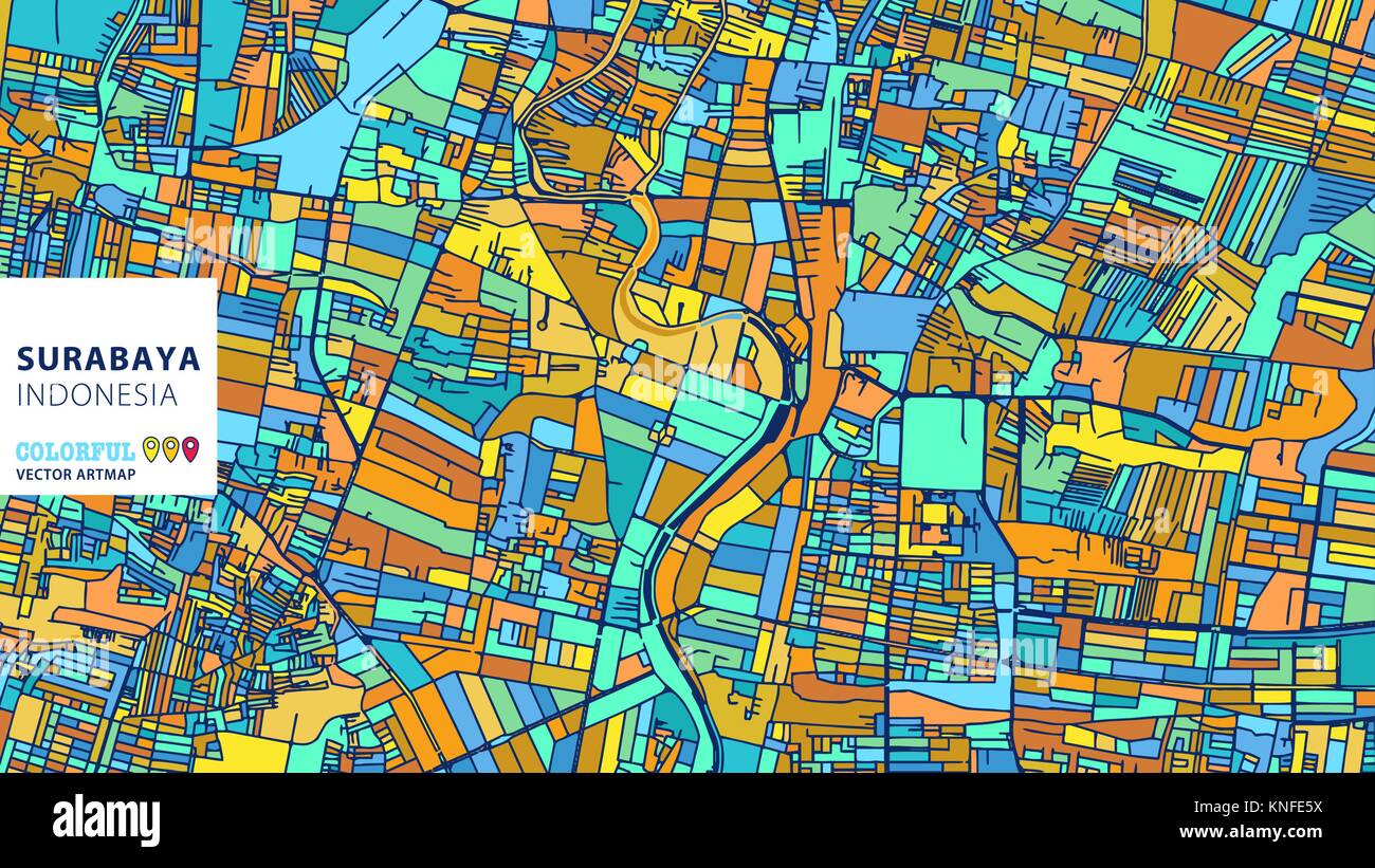 Surabaya, Indonesia, Colorful Vector Artmap. Blue-Orange-Yellow Version ...