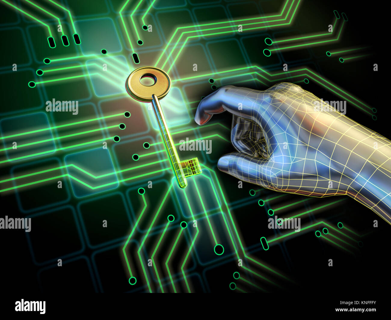 Hand reaching for a key located at the center of a printed circuit ...