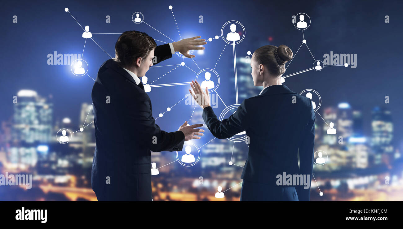 Concept of social connection and networking against night city view and ...