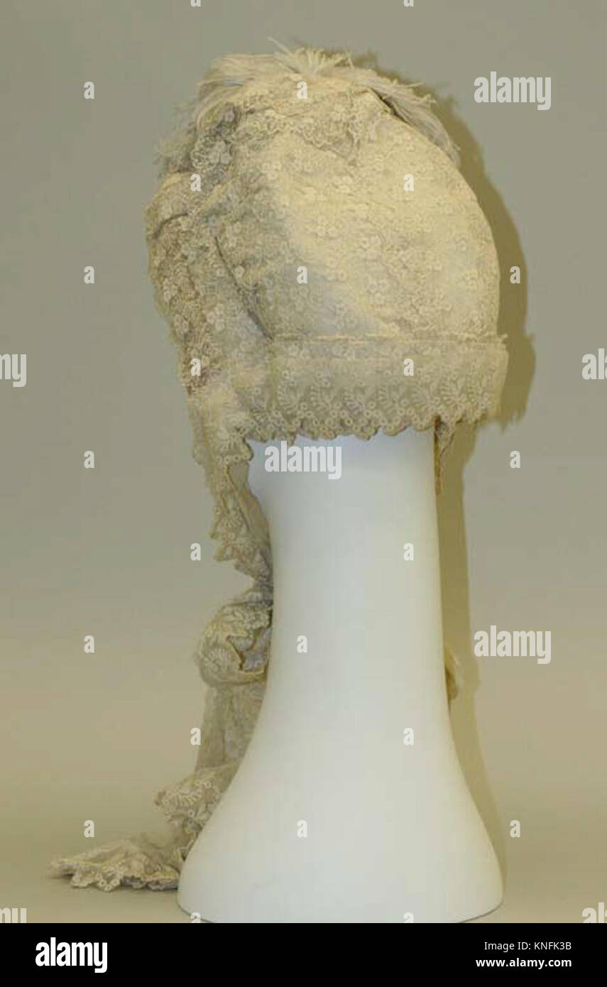 This bonnet, a fine example of 18th-century fashion, features intricate ...