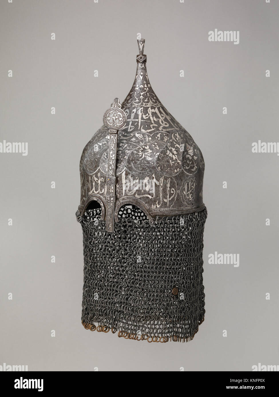 This medieval helmet features an aventail, a chainmail neck guard ...