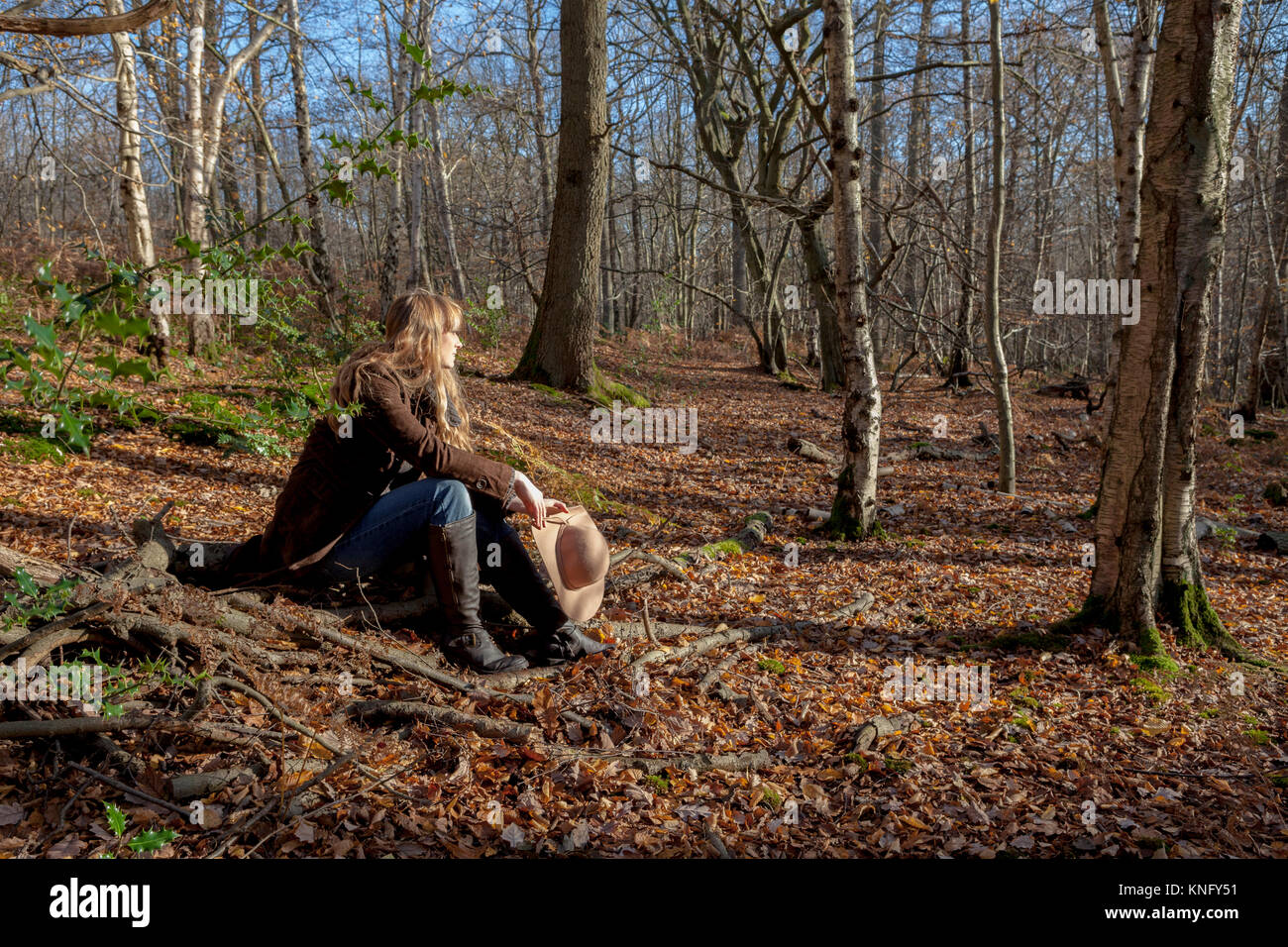 Lady sitting and relaxing in Bencroft Wood, part of Broxbourne Woods ...
