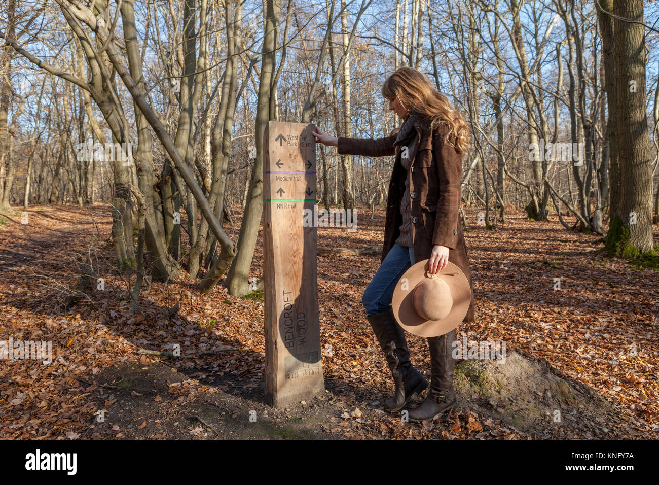 Girl looking at waymarker signpost in Broxbourne Woods, National Nature ...
